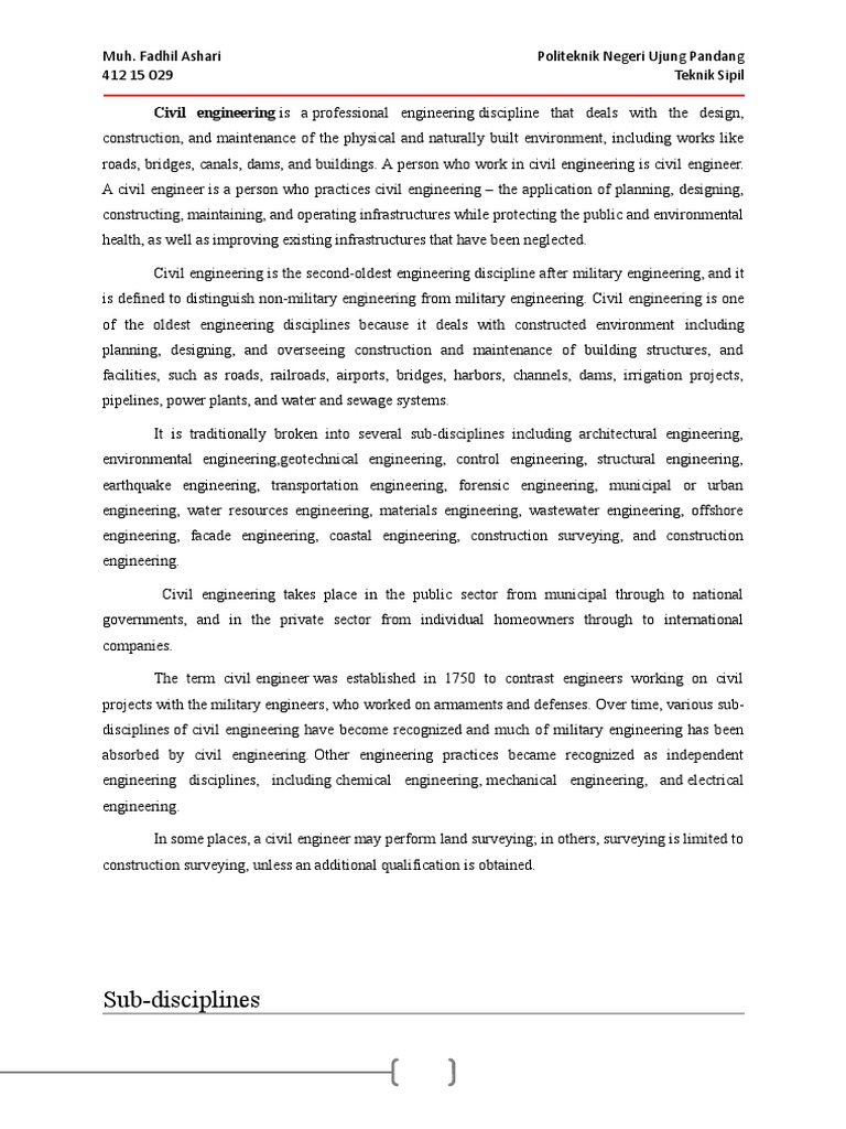 Sub-Disciplines: Civil Engineering Is A Professional Engineering ...
