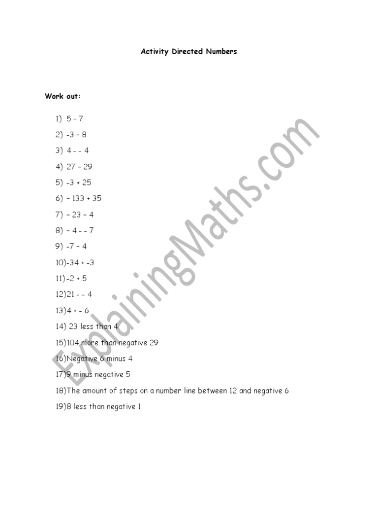 Maths Activity Directed Numbers | PDF