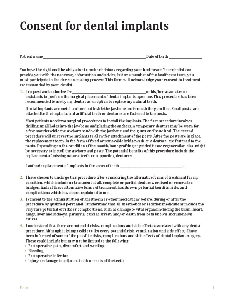 Dental Implant Consent Form | PDF | Dental Implant | Dentures