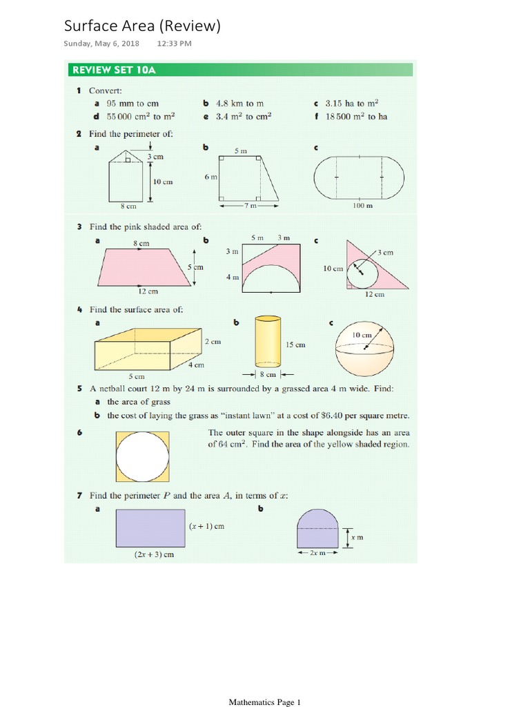 Surface Area+Volume (Review) | PDF | Technology & Engineering