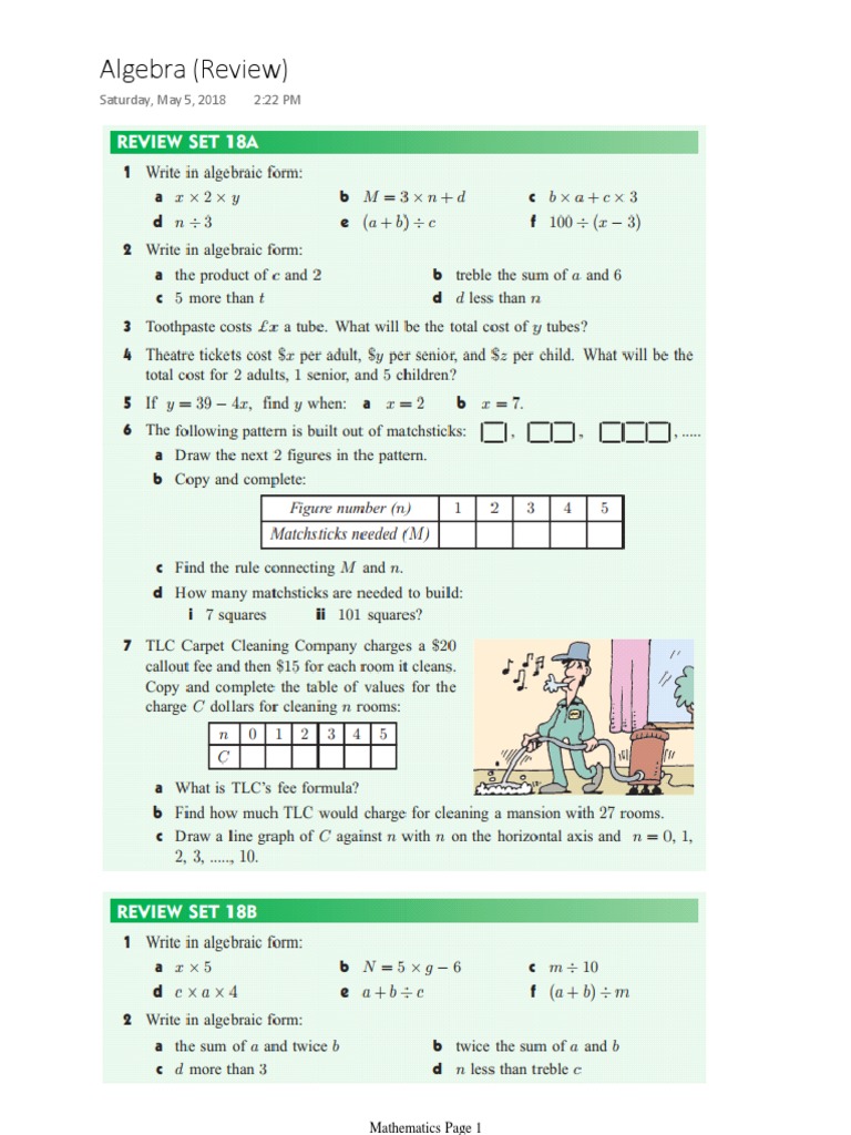 Algebra (Review) : Saturday, May 5, 2018 2:22 PM | PDF