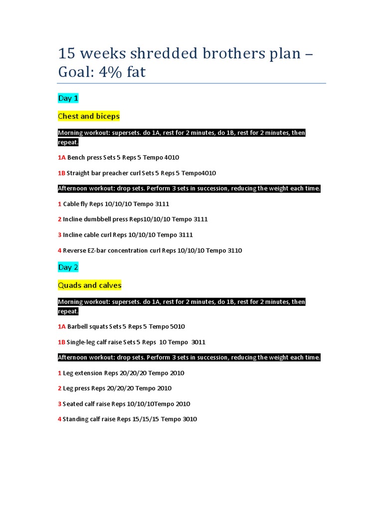 15 Weeks Shredded Brothers Workout Plan PDF | Download Free PDF | Limbs ...