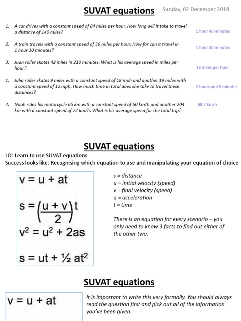 BLY SUVAT Equations 2 | Speed | Acceleration | Free 30-day Trial | Scribd