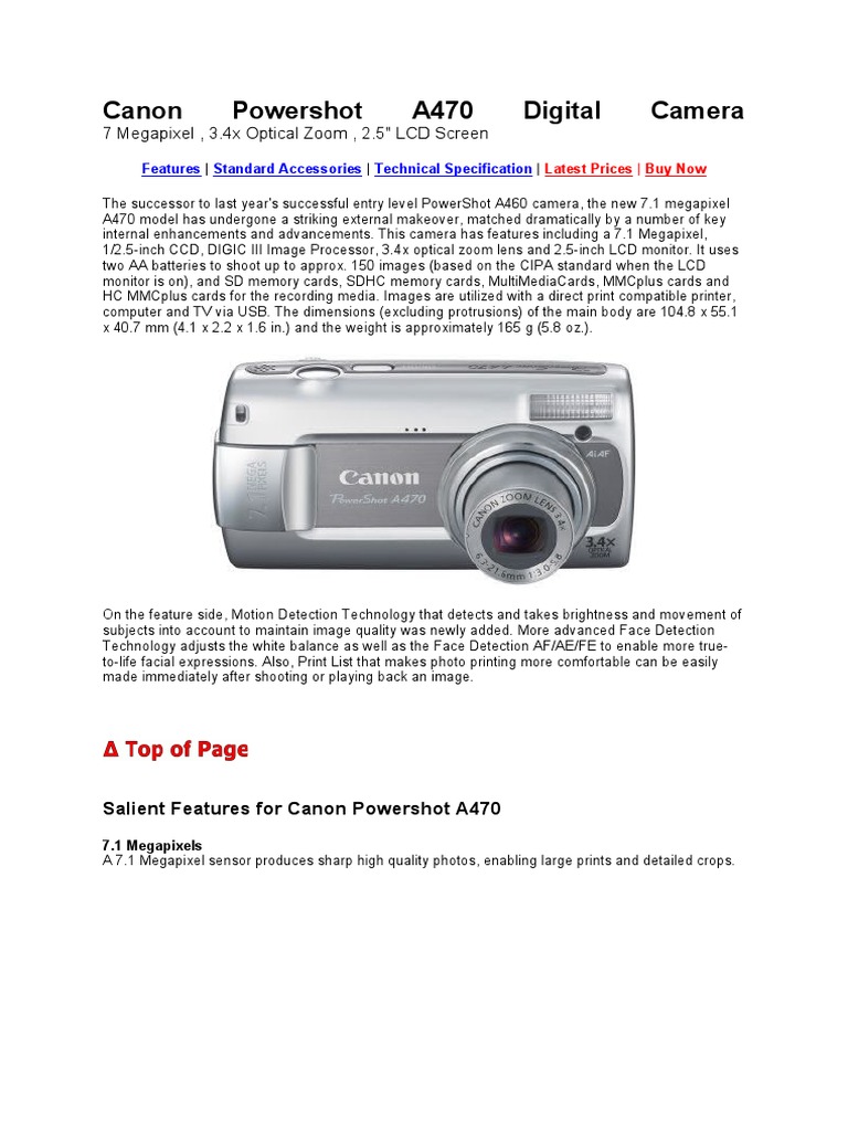 Canon Powershot A470 Digital Camera | PDF | Autofocus | Photography ...