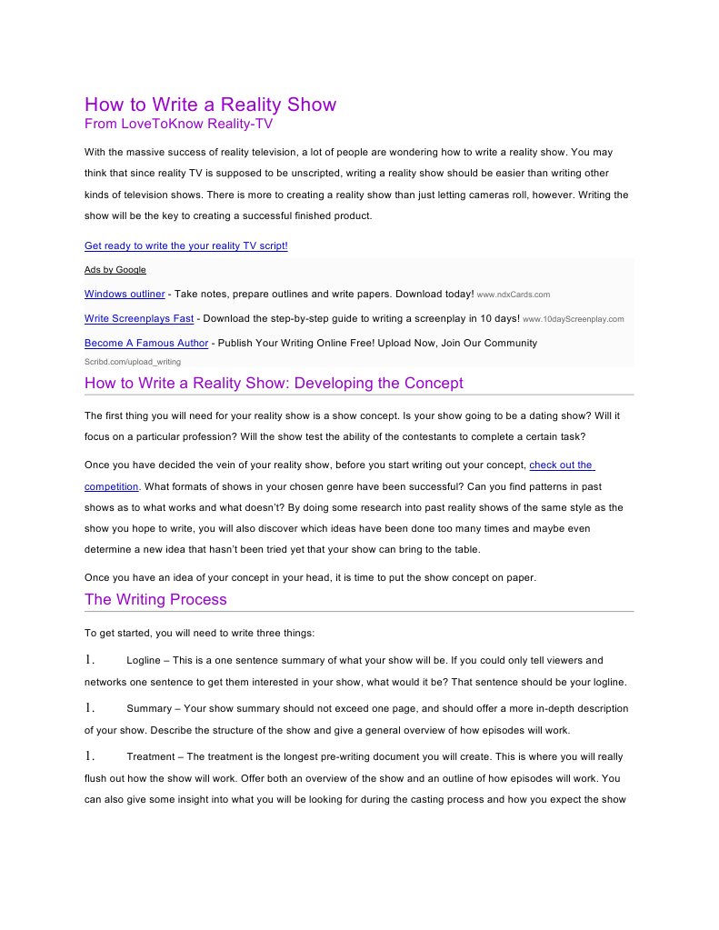 How To Write A Reality Show | PDF | Reality Television | Screenplay