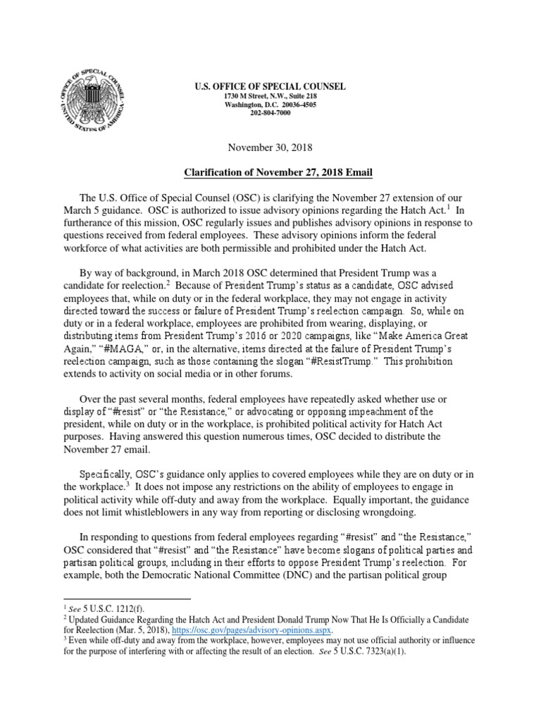 2018-11-30 OSC Revised Hatch Act Guidance | Public Sphere | Government