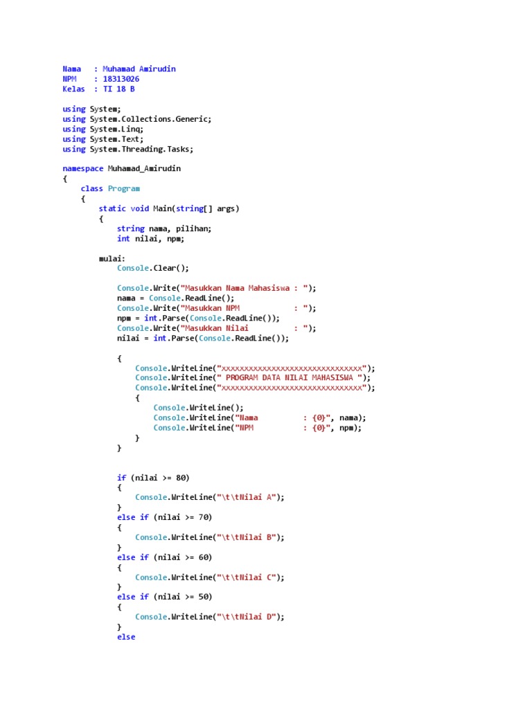 Nama Muhamad Amirudin Npm 18313026 Kelas Ti 18 B Using Using Using Using Using Namespace 