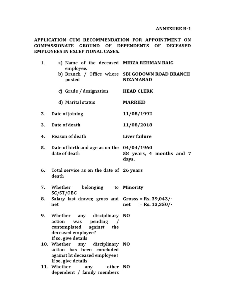 State Bank of India - Application For Appointment On Compassionate ...