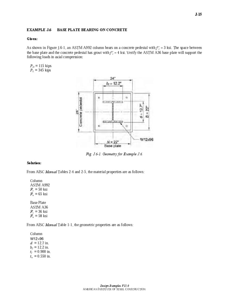 Example J.6 Base Plate Bearing On Concrete: Merican Nstitute of Teel ...