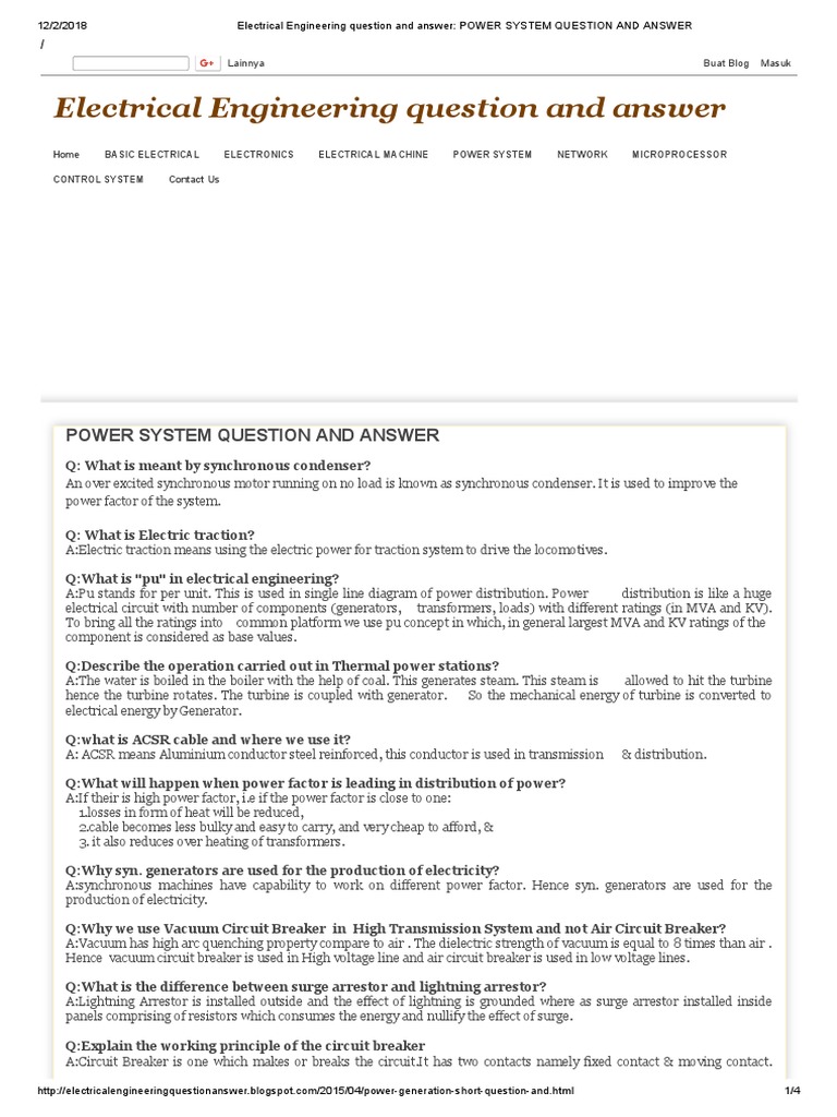 Electrical Engineering Question and Answer - POWER SYSTEM QUESTION and ...