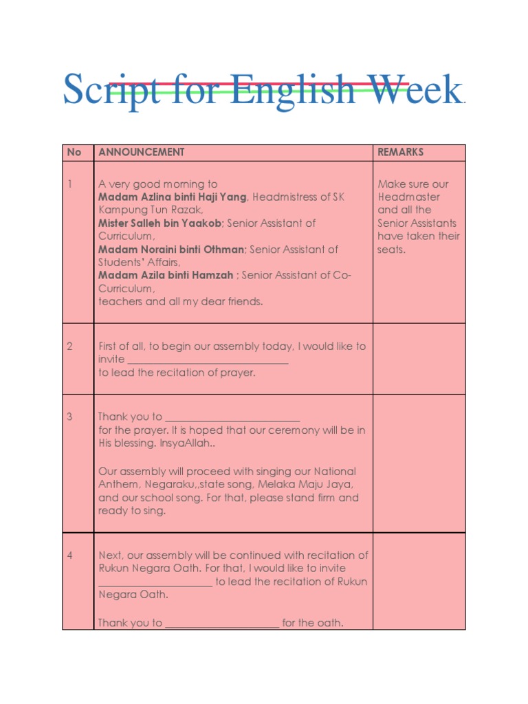 Script For English Week | PDF