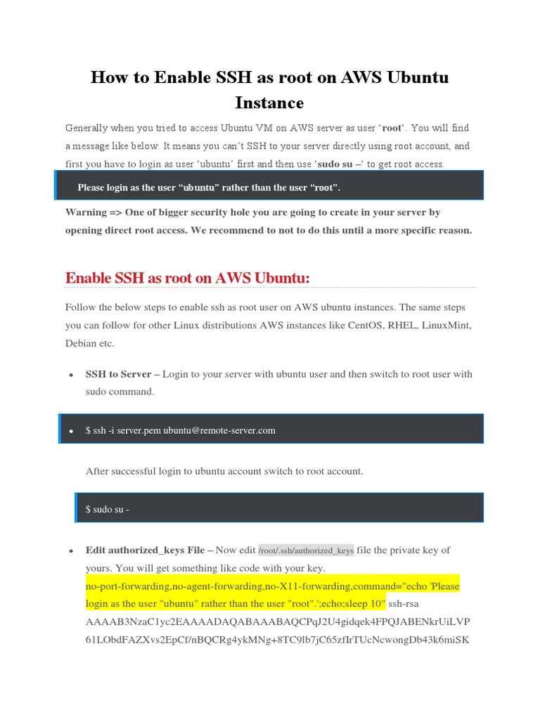How To Enable Ssh As Root On Aws Ubuntu Instance Pdf Superuser Sudo