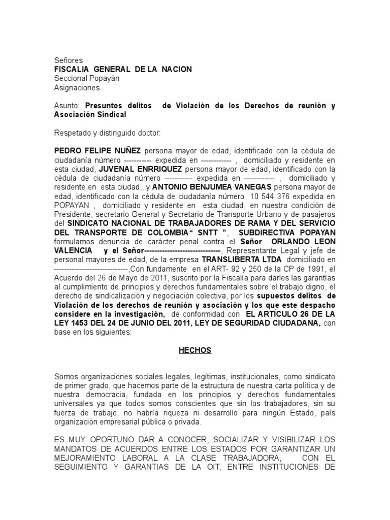 Modelo Denuncia Penal Por Violacion Derecho de Asociacion | PDF | Derecho laboral | Sindicato