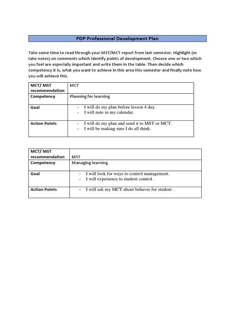 PDP Professional Development Plan: MCT/ MST Recommendation Competency ...