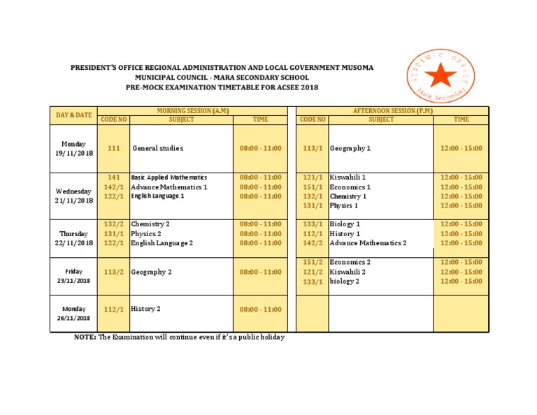 Form Six Pre Mock Timetable | PDF