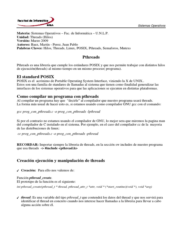 Tema 1 - Threads - Apunte PTHREADS PDF | PDF | Hilo (Computación) | Puntero (Programación de ...