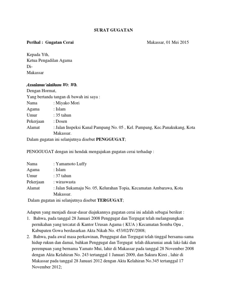 Contoh Surat Gugatan Cerai Makassar | PDF