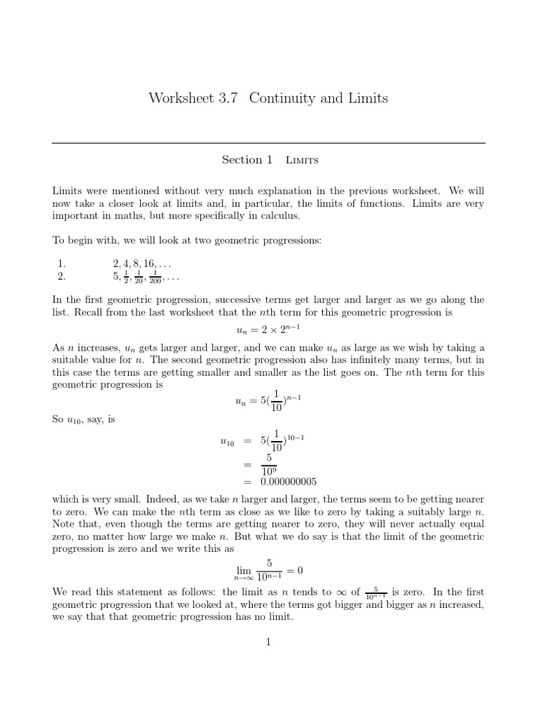Worksheet 3 .7 Continuity and Limits: Section 1 | PDF | Continuous Function | Function (Mathematics)