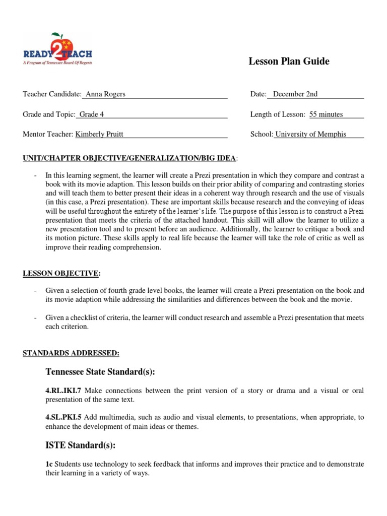 Lesson Plan Guide: Tennessee State Standard(s) | PDF | Lesson Plan | Books