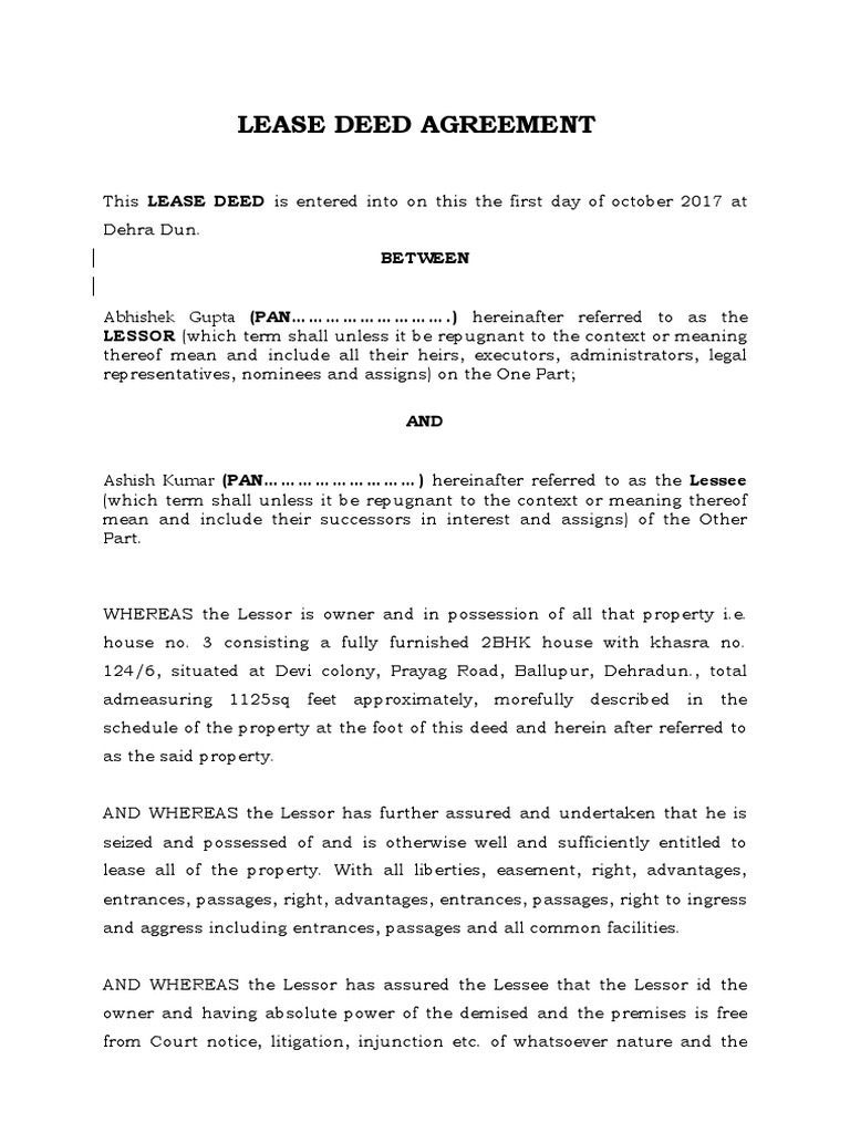 Lease Deed Agreement | Download Free PDF | Lease | Renting