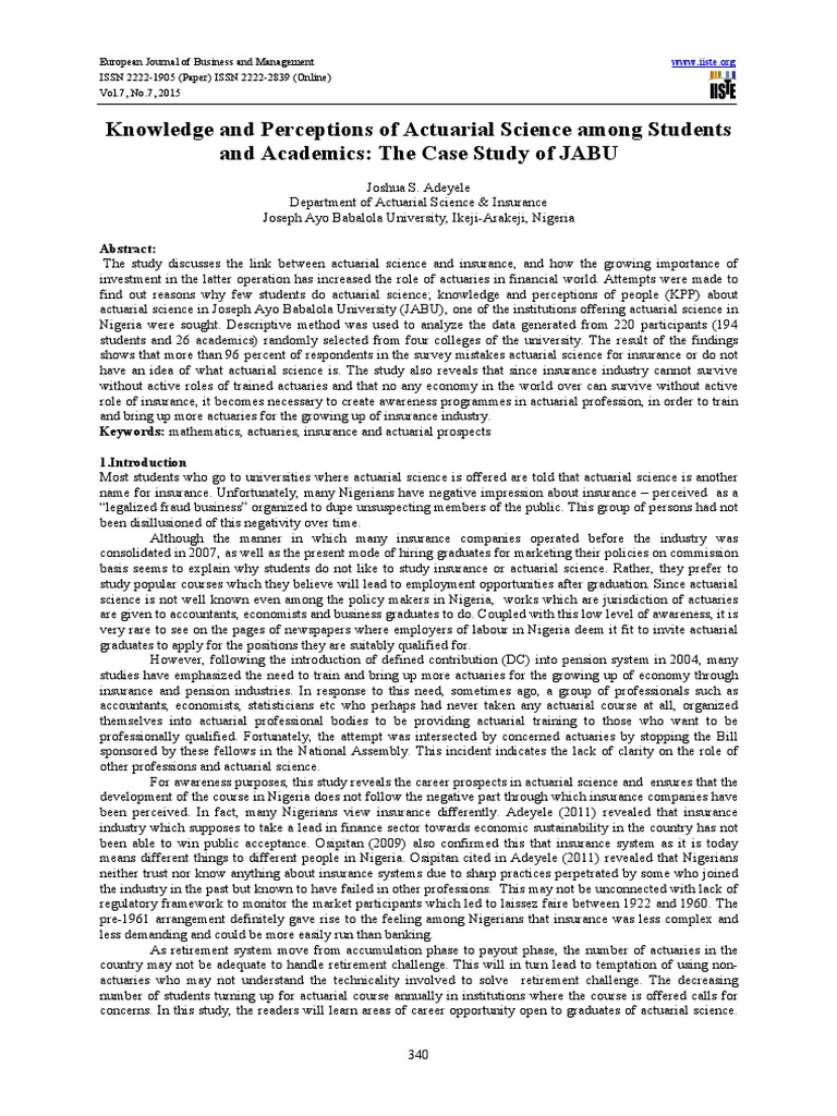 Knowledge and Perceptions of Actuarial Science Among Students and ...