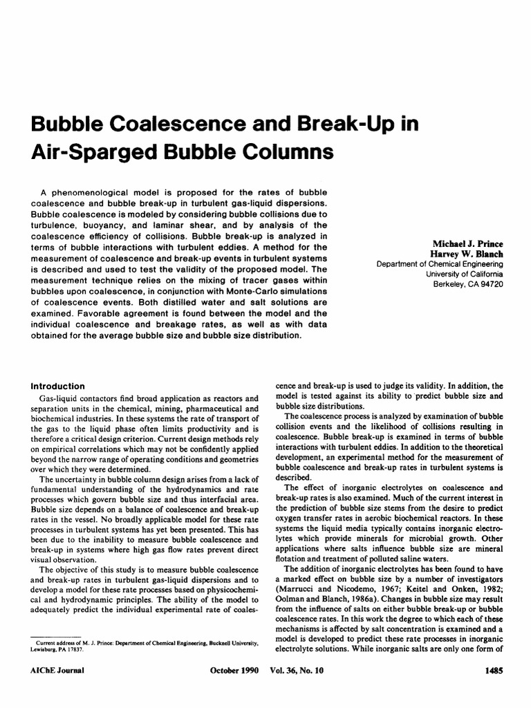 1990 - Prince & Blanch - Bubble Coalescence and Break-Up in Air-Sparged Bubble Columns PDF | PDF ...