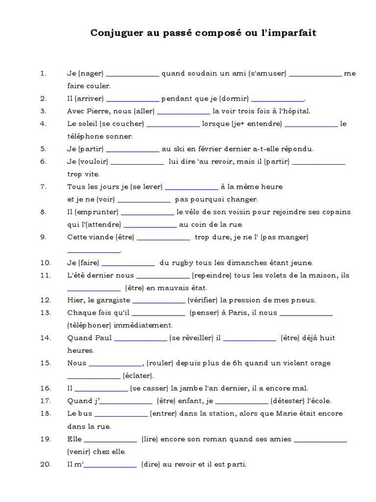 Passe Compose Ou Limparfait Exercice Grammatical Feuille Dexercices ...