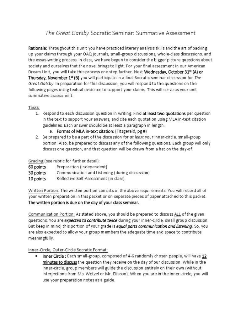 The Great Gatsby Socratic Seminar | PDF | The Great Gatsby | Communication