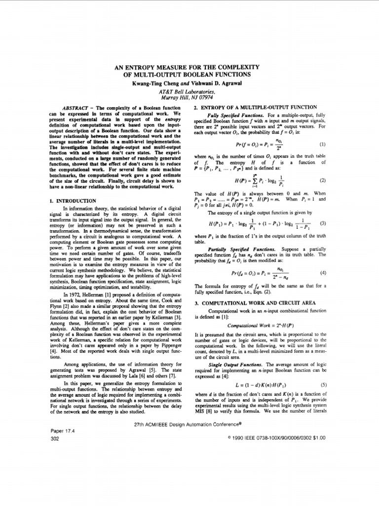 Measuring The Complexity Of Multi Output Boolean Functions Using Entropy Pdf Boolean Algebra
