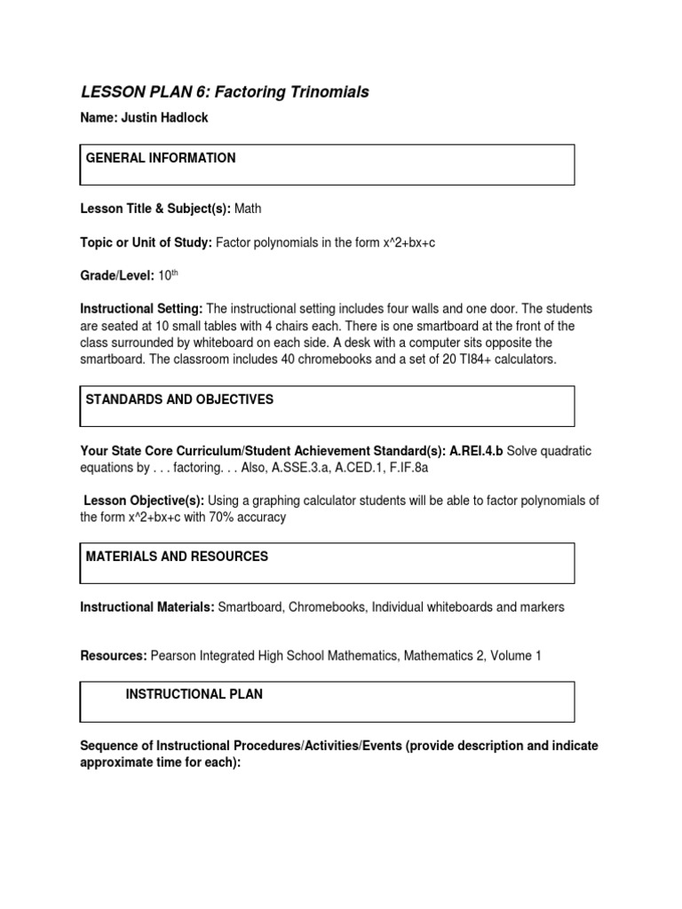 Factoring Trinomials Lesson Plan | PDF | Lesson Plan | Education Theory