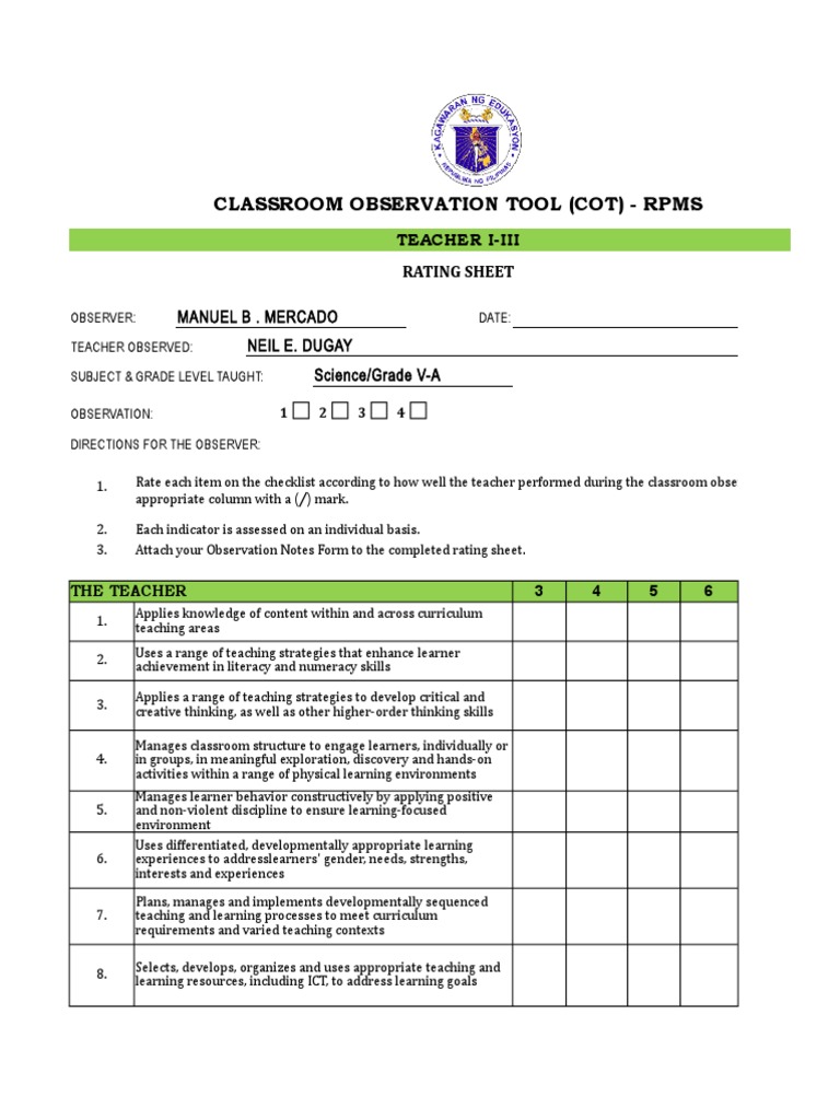 Cot Rating Sheet | PDF | Teachers | Curriculum