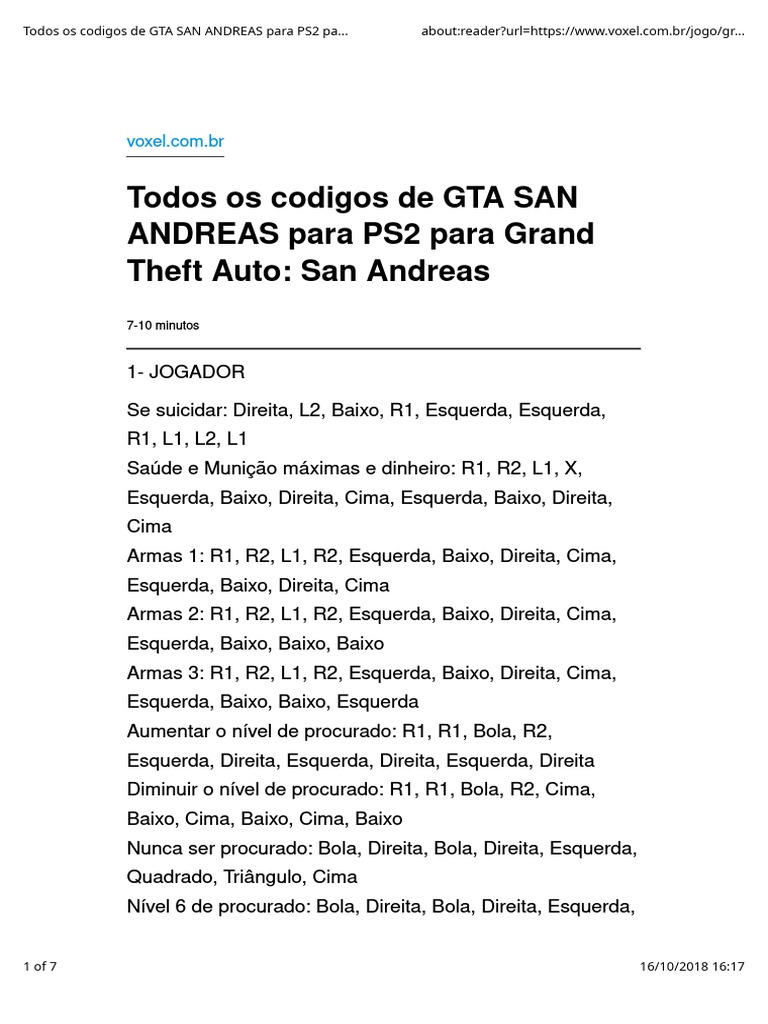 Todos os códigos de truques e cheats para Grand Theft Auto: San Andreas na PlayStation 2 | PDF ...