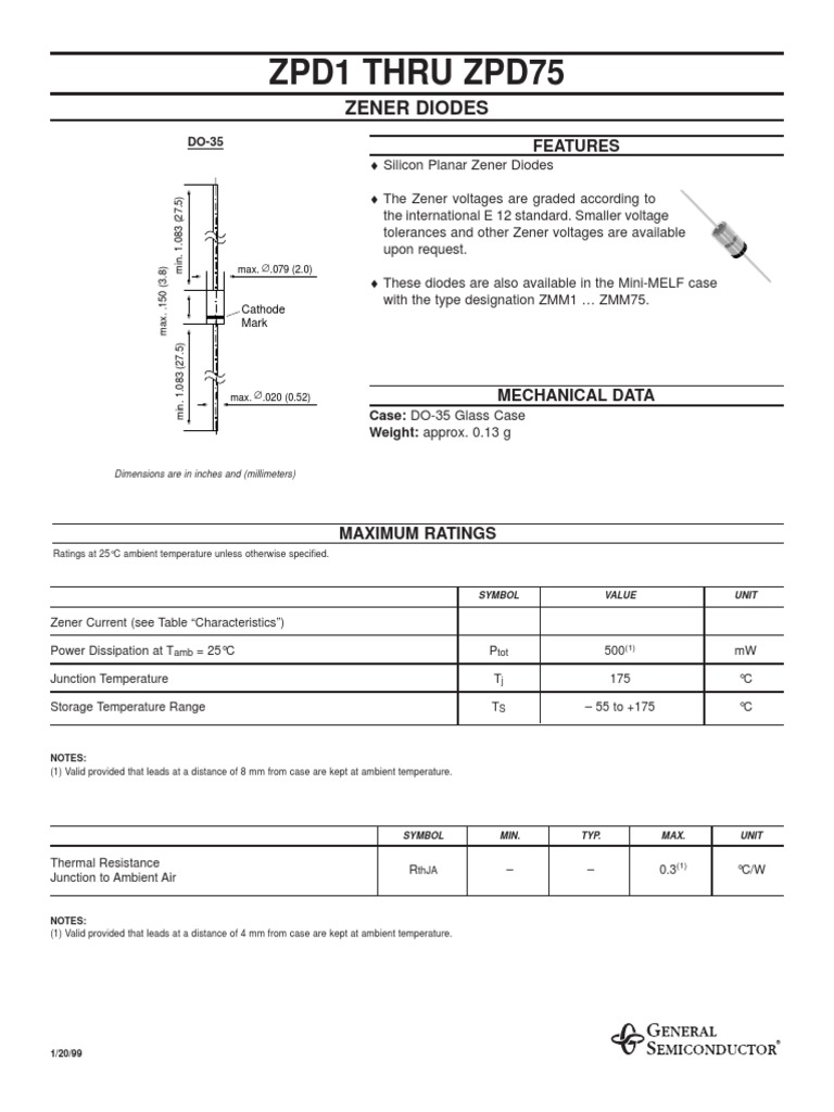 Zpd1 Thru Zpd75: Zener Diodes | PDF | Diode | Electric Power