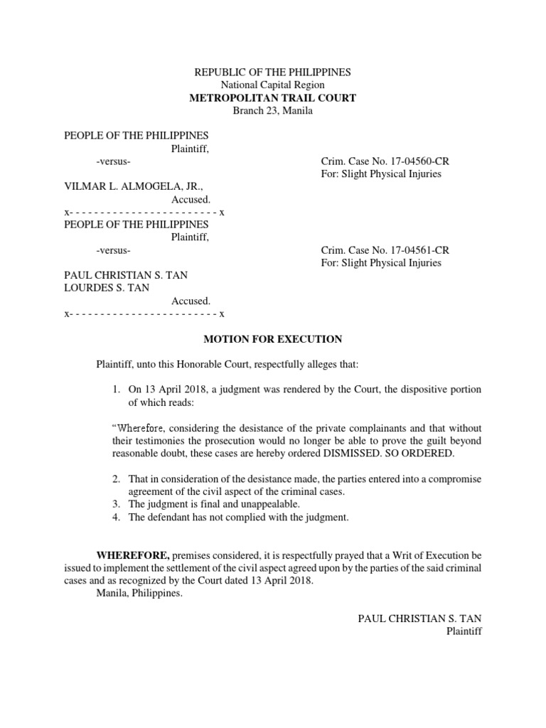 Motion For Execution | PDF | Prejudice (Legal Term) | Judgment (Law) Motion For Execution | PDF | Prejudice (Legal Term) | Judgment (Law)