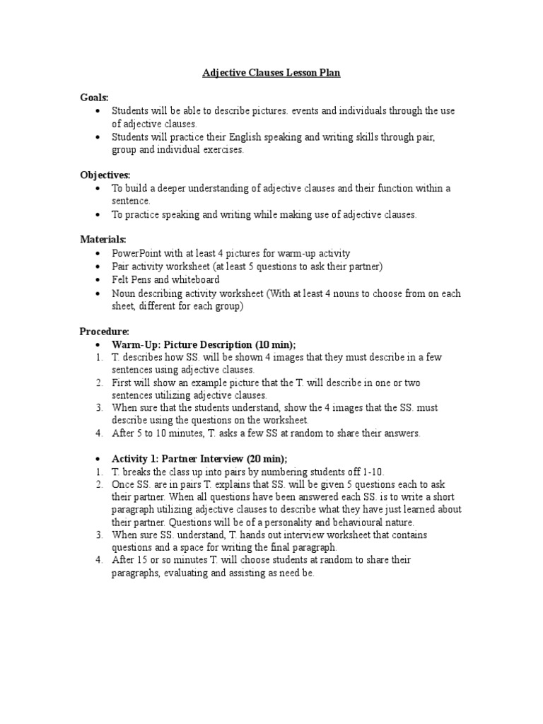 Adjective Clauses Lesson Plan for Kids | PDF | Noun | Sentence ...