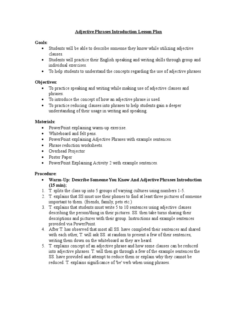 Adjective Phrases Introduction Lesson Plan | PDF | Phrase | Sentence ...