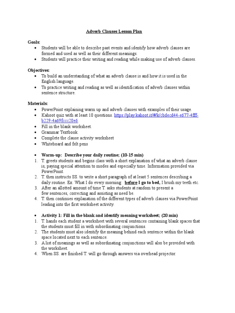 Adverb Clauses Lesson Plan Overview | PDF | Clause | Sentence (Linguistics)