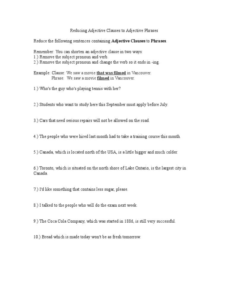 Reducing Clauses To Phrases Worksheet | PDF
