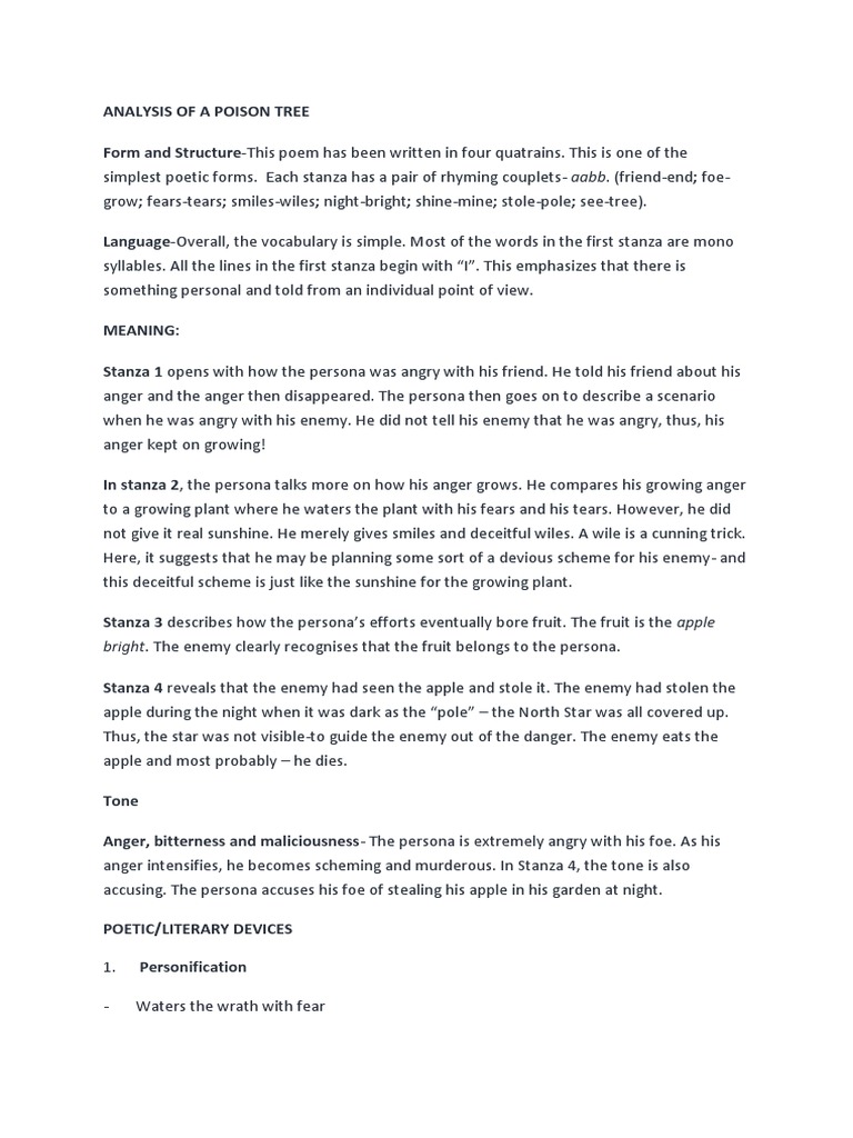 Analysis of A Poison Tree | PDF | Anger | Poetry
