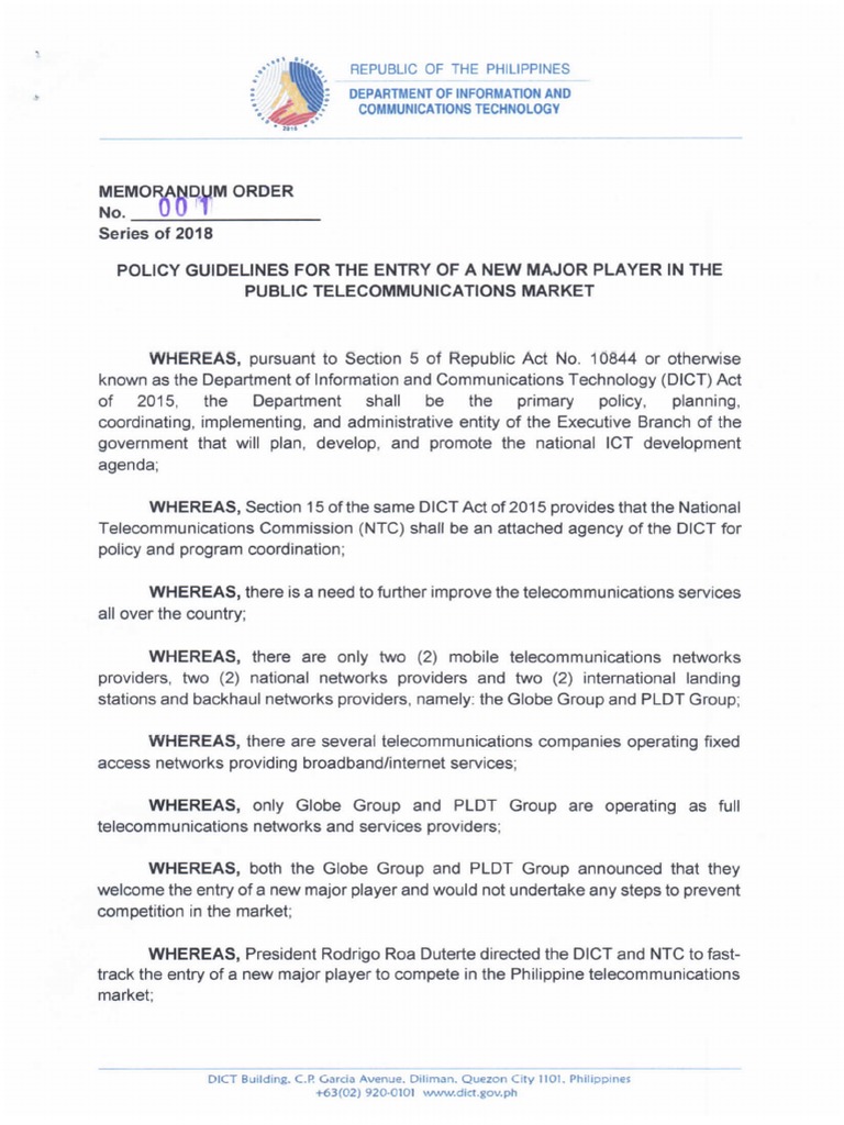 Dict Mo 001 2018 Policy Guidelines For The Entry of A New Major Player ...