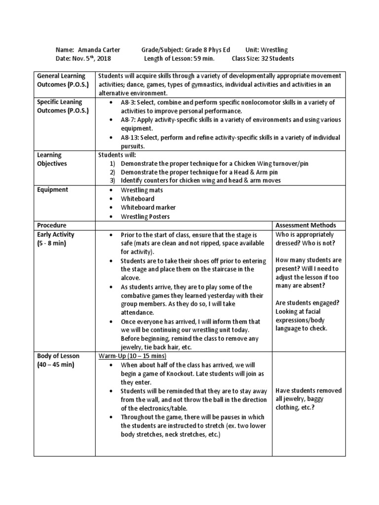 Grade 8 Wrestling Lesson Plan | PDF | Physical Education | Lesson Plan
