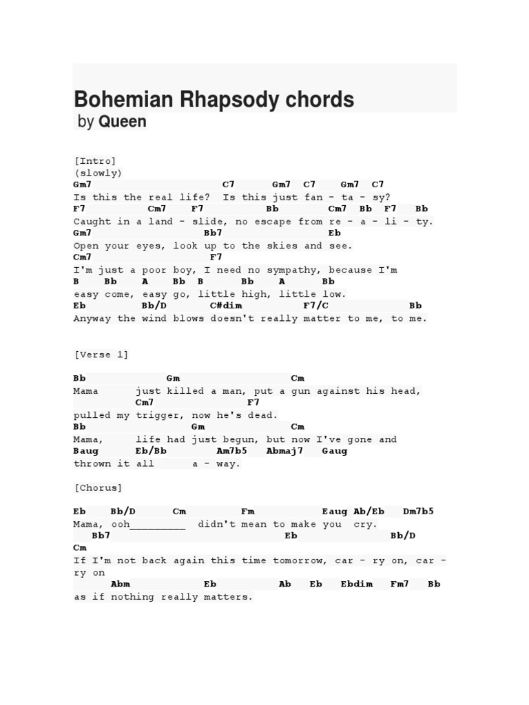 Bohemian Rhapsody Chords | PDF | Oral Literature | Popular Music