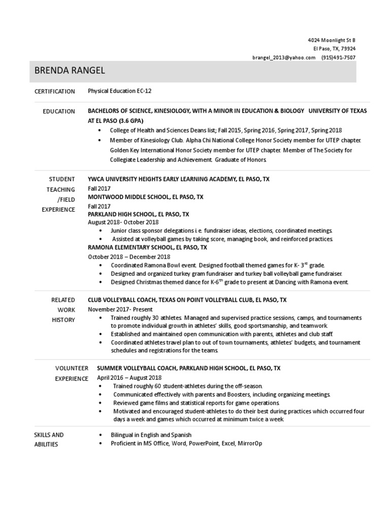 Brendas Resume | PDF | Behavior Modification