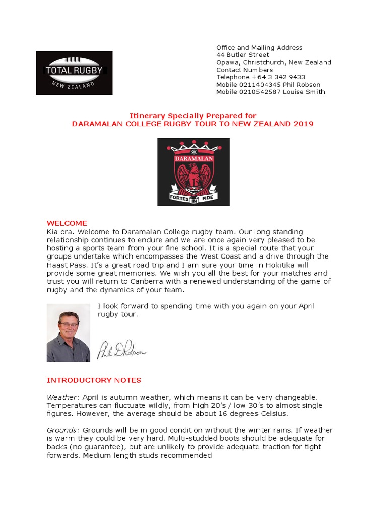 Daramalan College Rugby Tour 2019 Full Itinerary | PDF | Sports | Leisure