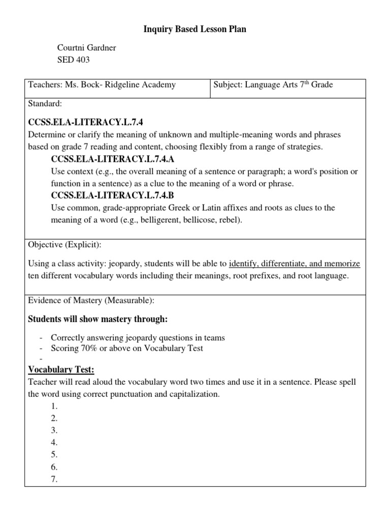 Ib Lesson Plan-Vocabulary | PDF | Vocabulary | Word