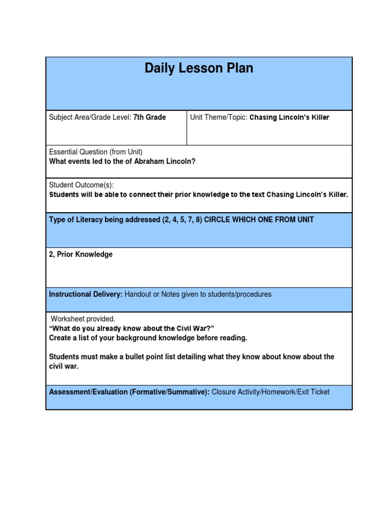 Daily Lesson Plan: Subject Area/Grade Level: 7th Grade Unit Theme/Topic ...