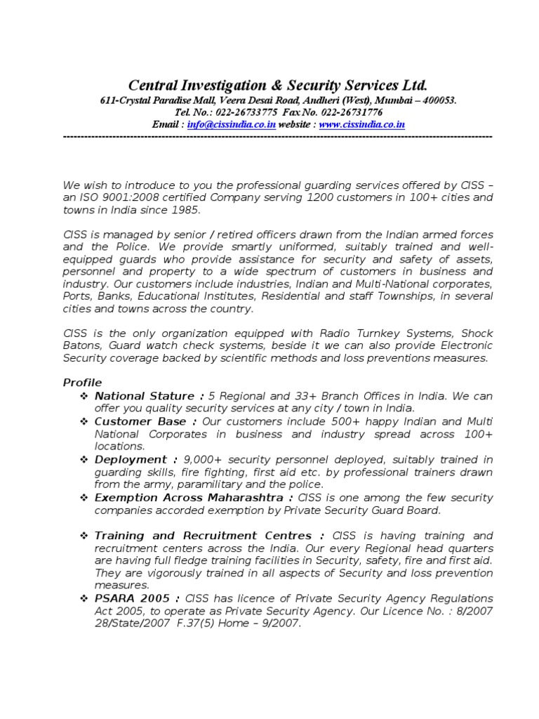 Central Investigation & Security Services LTD.: Info@cissindia - Co.in ...