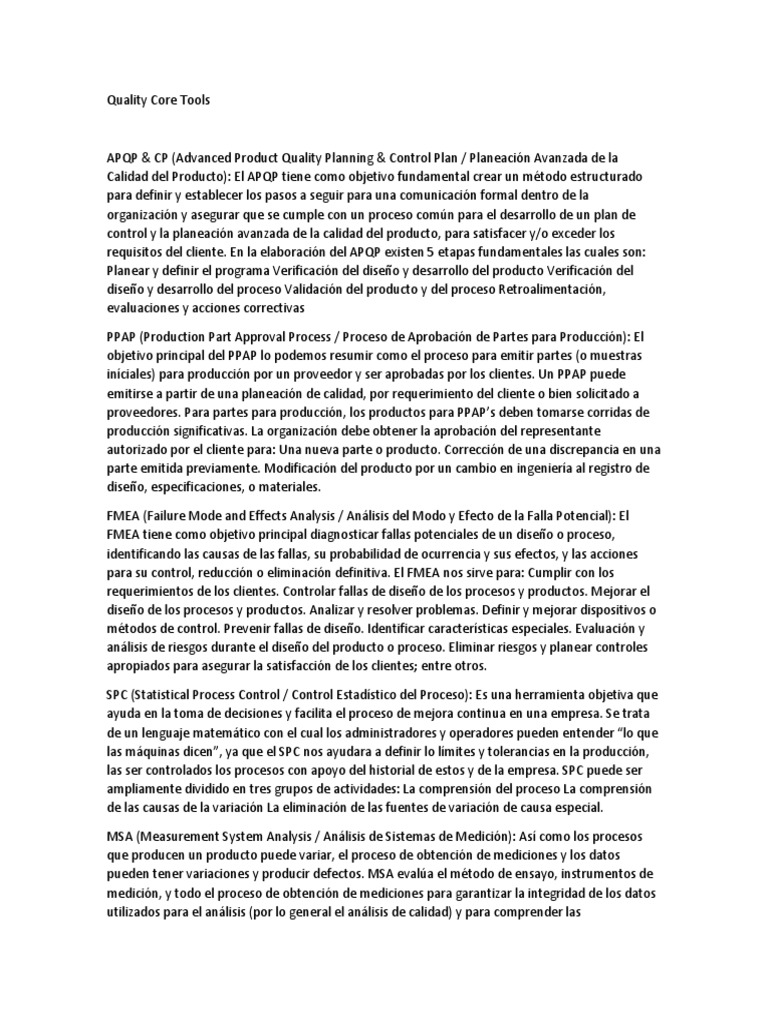 Quality Core Tools | PDF | Calidad (comercial) | Ciencia de sistemas