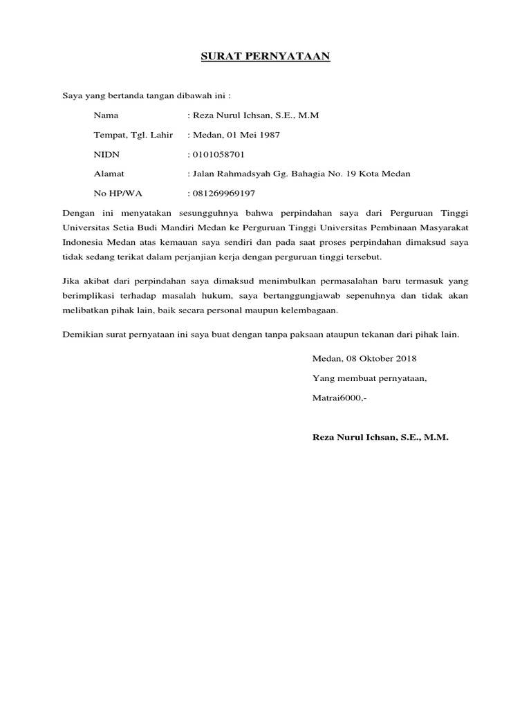Surat Pernyataan Pindah Homebase | PDF Surat Pernyataan Pindah Homebase | PDF