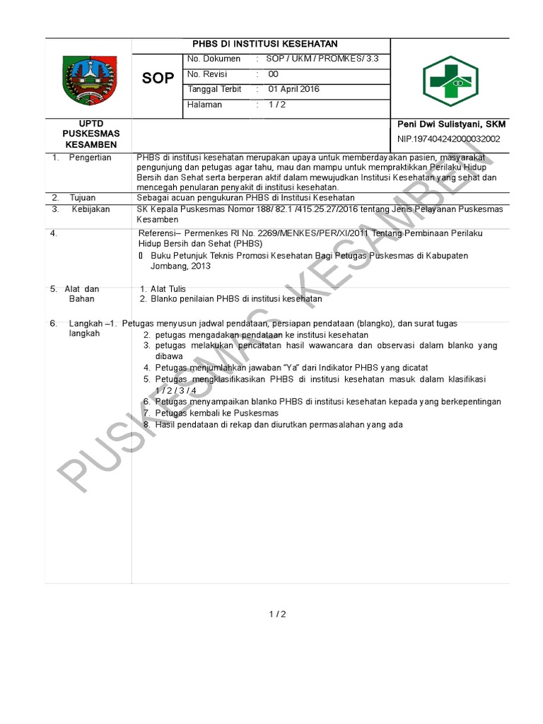Sop Phbs Institusi | PDF